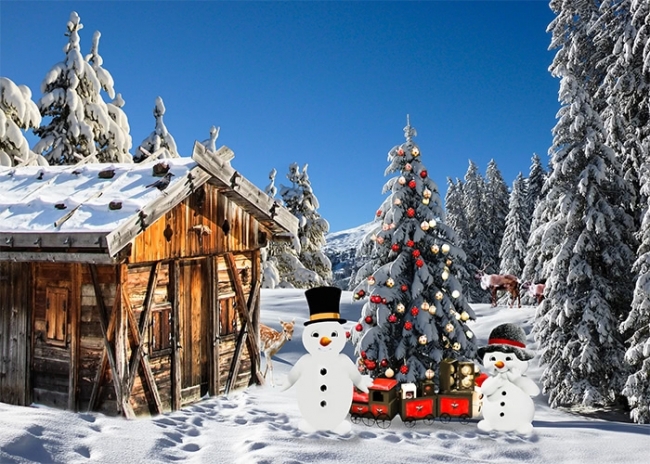 Snow Covered Wood House Snowman Christmas Tree Backdrop Stage Party ...