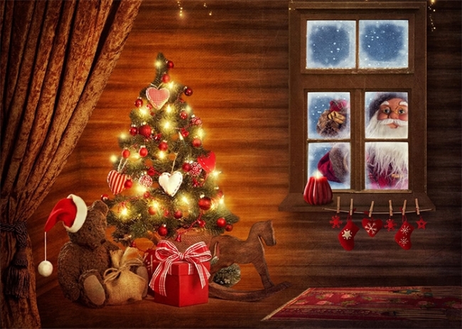 Santa Outside Window Christmas Tree Backdrop Photo Booth Stage ...