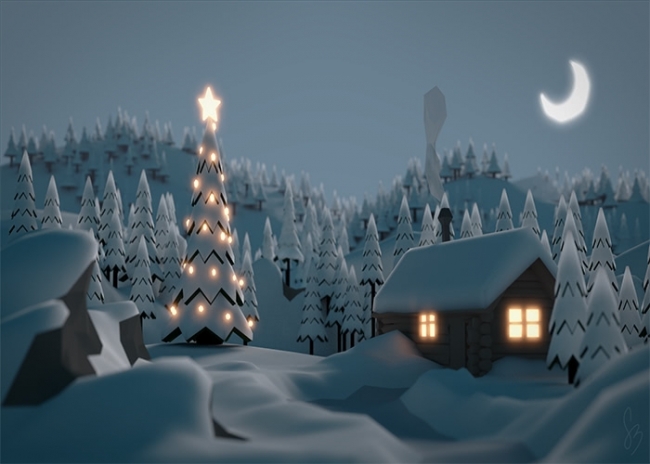 Cute Cartoon Winter Scene Snow Covered Wood House Christmas Tree ...