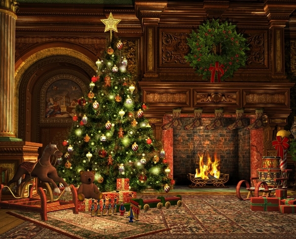 Medieval Building Fireplace Christmas Tree Backdrop Stage Background ...