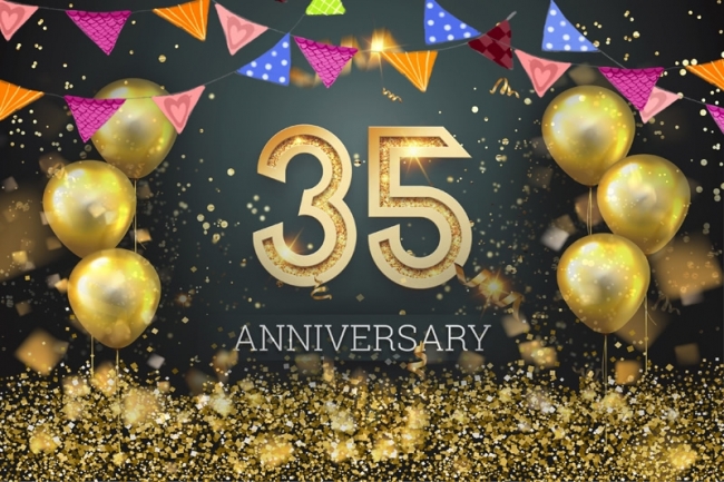 Gold Balloons Colorful Flags 35th Anniversary Party Drop Studios Backdrops