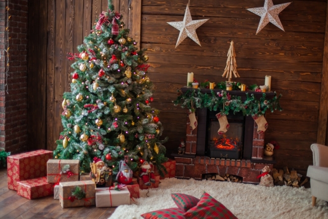 Wood Wall Fireplace Christmas Tree Backdrop Party Stage Photography ...