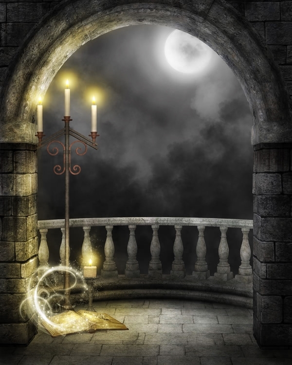 Medieval Stone Balcony Candle Magic Book Halloween Party Backdrop ...