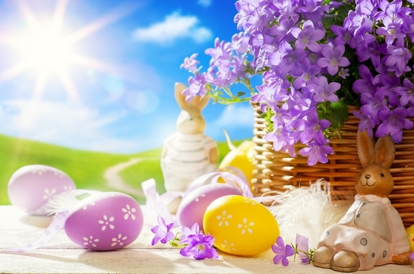 Easter Eggs Bunny Purple Flowers in Basket Easter Photoshoot Background