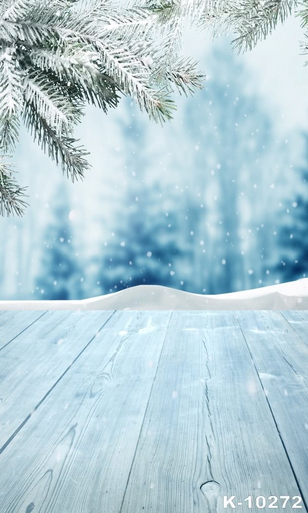 Snow Covered Tree Branch Wooden Floor Christmas Photography Backdrops