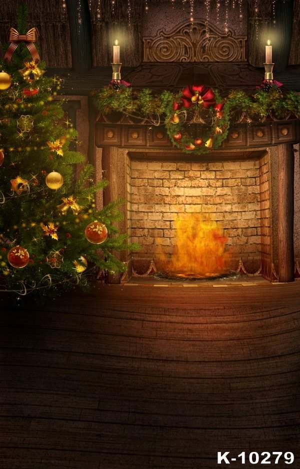 Wooden Floor Fireplace Christmas Tree Christmas Photo Background