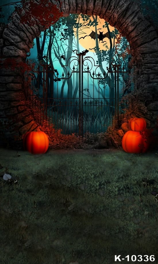 Iron Gate Stone Wall Bat Pumpkin Vinyl Halloween Photography Backdrops