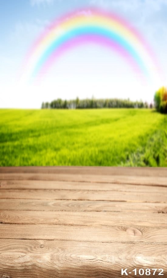 Rainbow over Green Fields Wood Floor Scenic Photography Backdrops