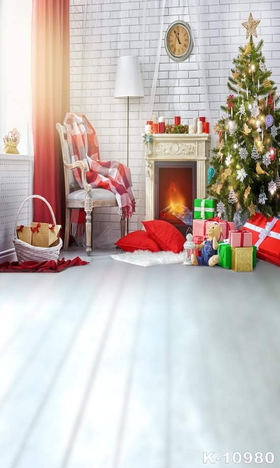 Indoor Christmas Tree Gifts Fireplace Vinyl Photography Backdrops