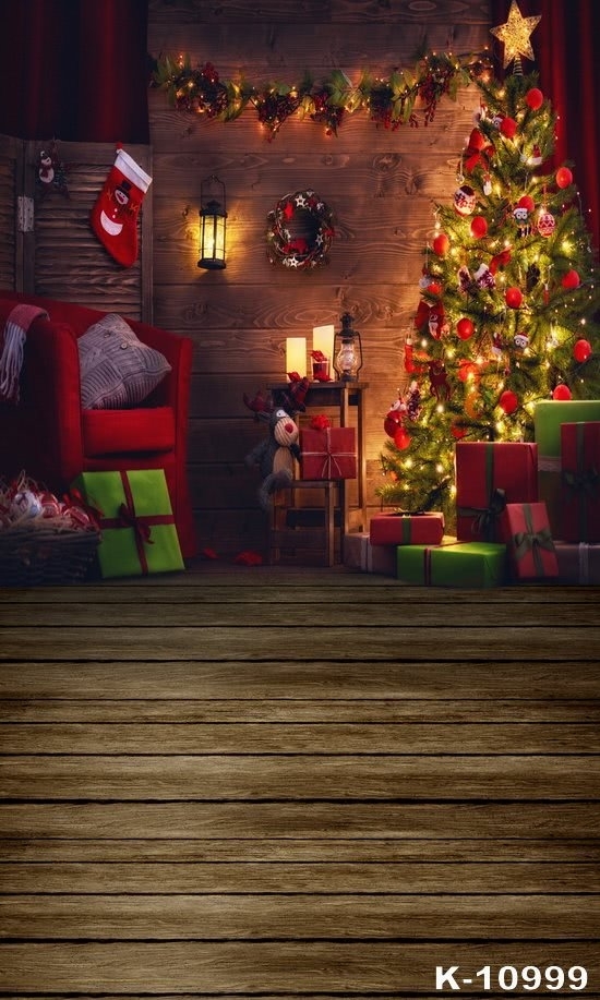 Indoor Wood Floor Christmas Tree Gifts Vinyl Photography Backdrops