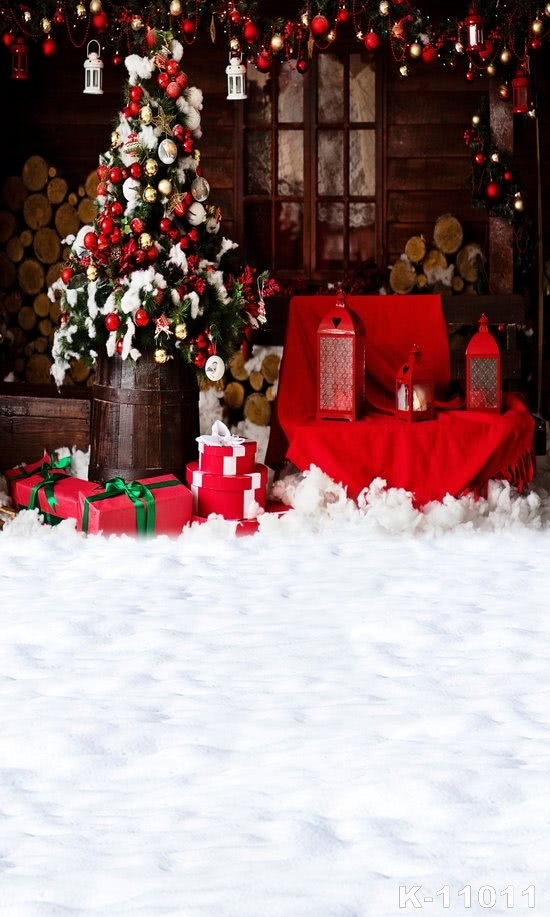 Rustic Wood House Outdoor Christmas Tree Bells Gifts Photo Backdrop