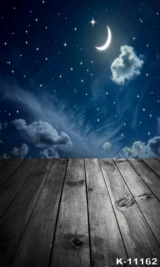 Night Stars Moon Clouds Wood Floor Photo Wall Backdrop