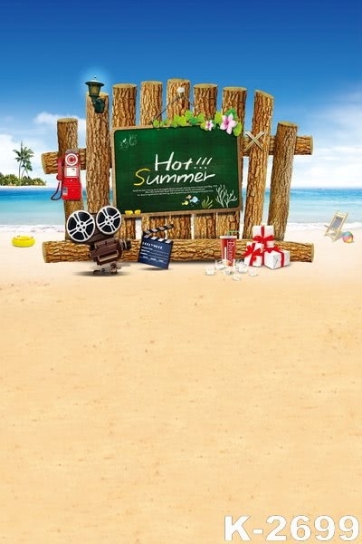 Hot Summer Wooden Fence Blackboard Beach Scenic Photo Backdrops