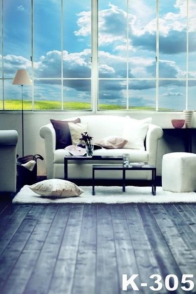 Blue Sky White Cloud Glass Window Wood Floor Sofa Background Indoor ...