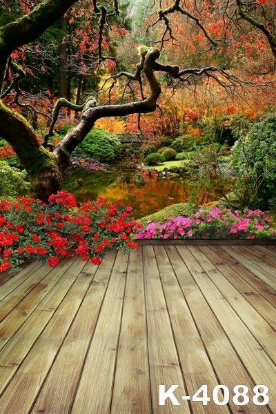 Spring Flowers Green Trees Wood Floor River Scenic Garden Backdrop