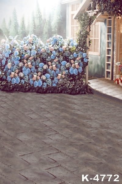 Blue Pink Flowers in Courtyard Studio Photography Backdrops