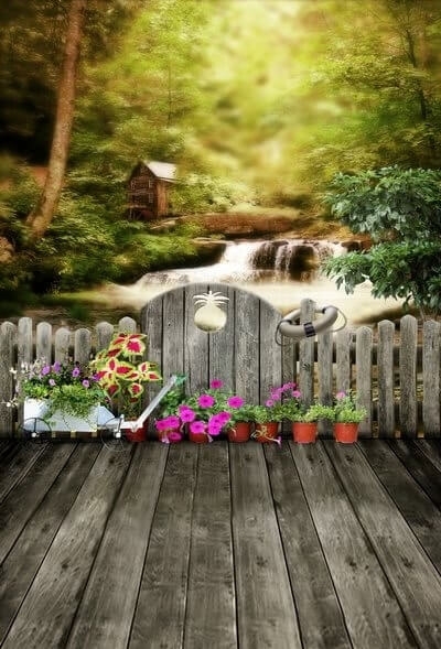 Wooden Fence Green Trees River Scenic Studio Backdrops