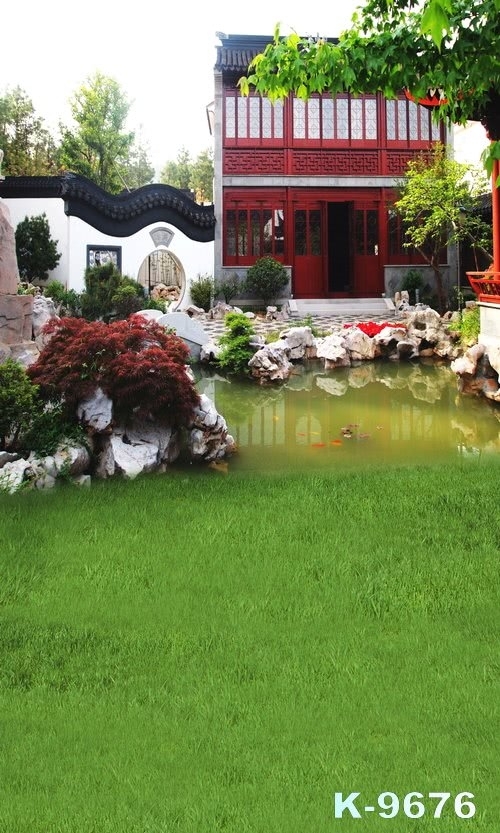 Chinese Style Courtyard Green Grassland Pond Scenic Photo Prop Background