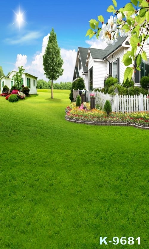 Rustic Green Grassland Houses Scenic Backdrops for Photography