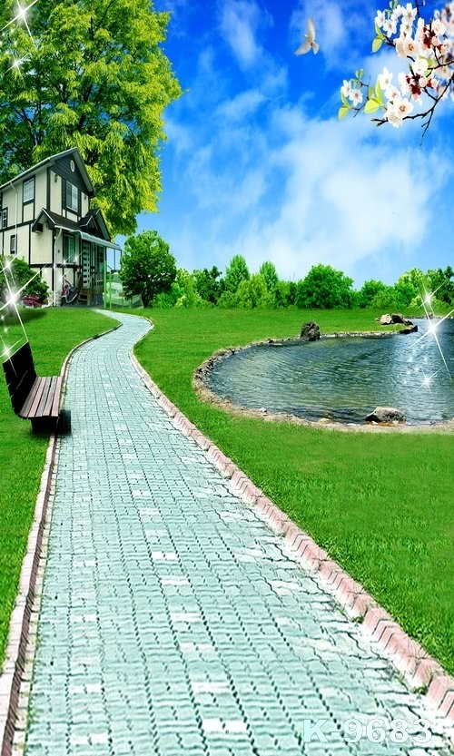 Rustic Green Grassland Road to House Pool Scenic Photo Wall Backdrop