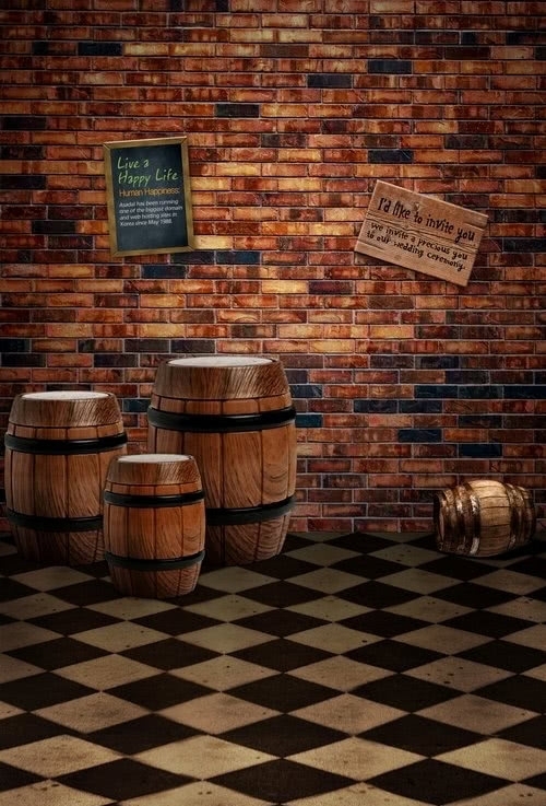 Beer Wooden Barrel Vintage Brick Wall Backdrops