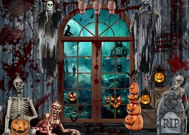 Spooky Skull Bloody Terror Zombie Scene Halloween Backdrop Party ...
