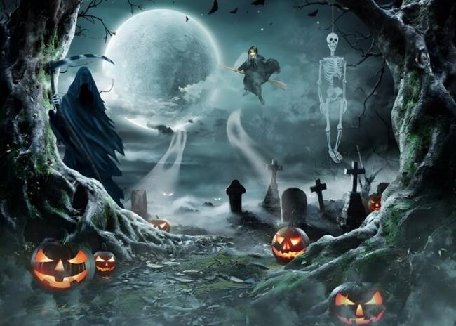 Spooky Halloween Graveyard Pumpkin Trees Scary Ghost Halloween Backdrop