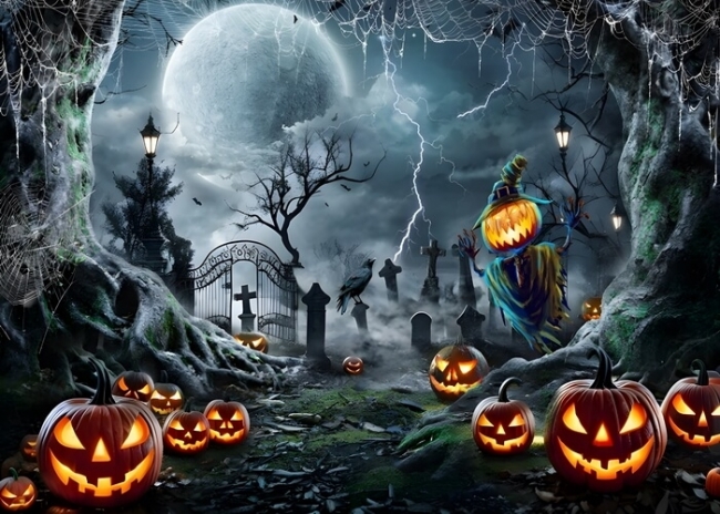 Spooky Halloween Graveyard Scary Pumpkin Halloween Backdrop