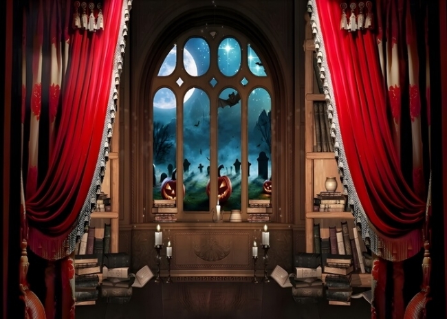 Red Curtain Window Horror Magic Fantasy Spooky Halloween Backdrop