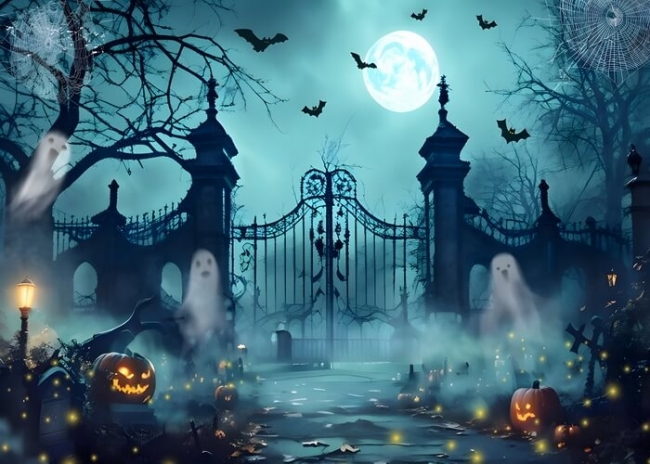 Night Spooky Ghost Scary Cemetary Gate Halloween Backdrop Party ...