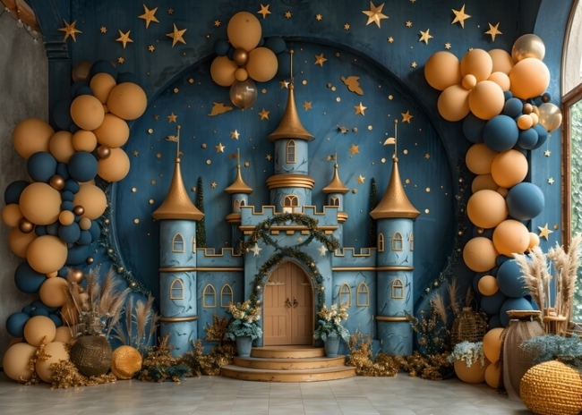 Blue and Gold Castle Birthday Party Backdrop