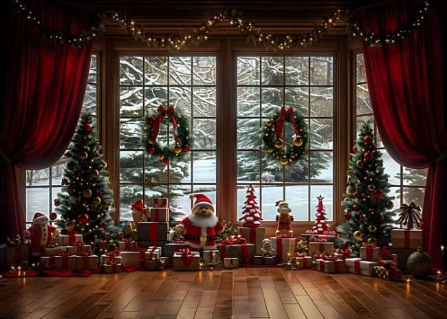 Red Curtain Christmas Window Backdrop Studio Party Decoration Background