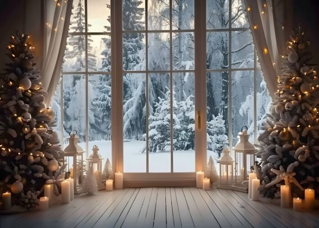 Winter Christmas Tree Window Light Backdrop New Year Decoration Background