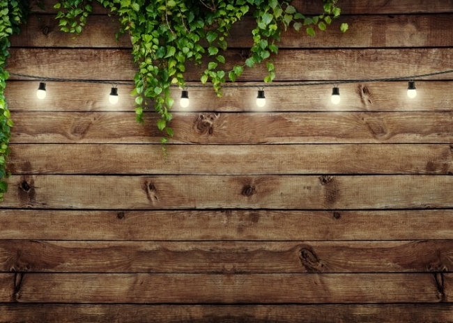 rustic wood background with string lights