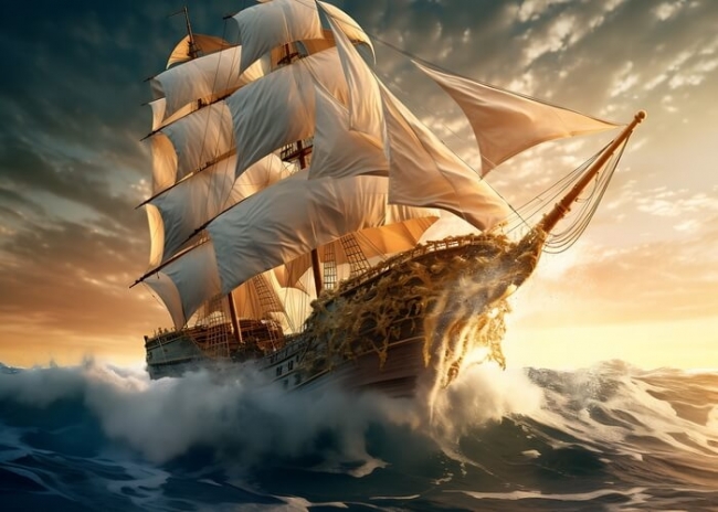 Under The Sunset White Sailing Pirate Ship Backdrop Party Background ...