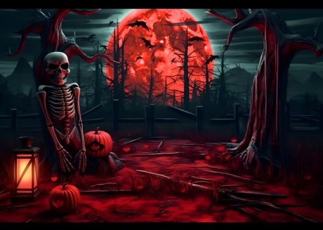 Scary Skeleton Skull Red Moon Halloween Party Backdrop Decorations ...