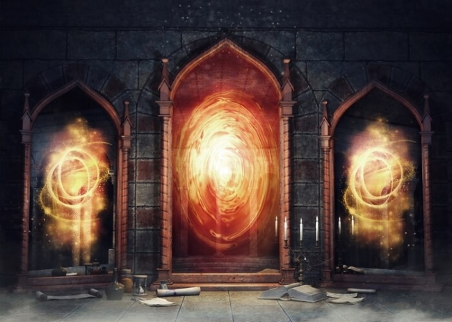 Spooky Night Castle Dark Chamber Magic Mirrors Arch Door Flame Backdrop ...