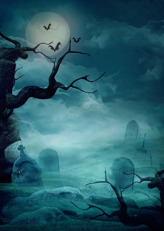 Grey sky Cemetery Withered Tree Spider Web Halloween Backdrop